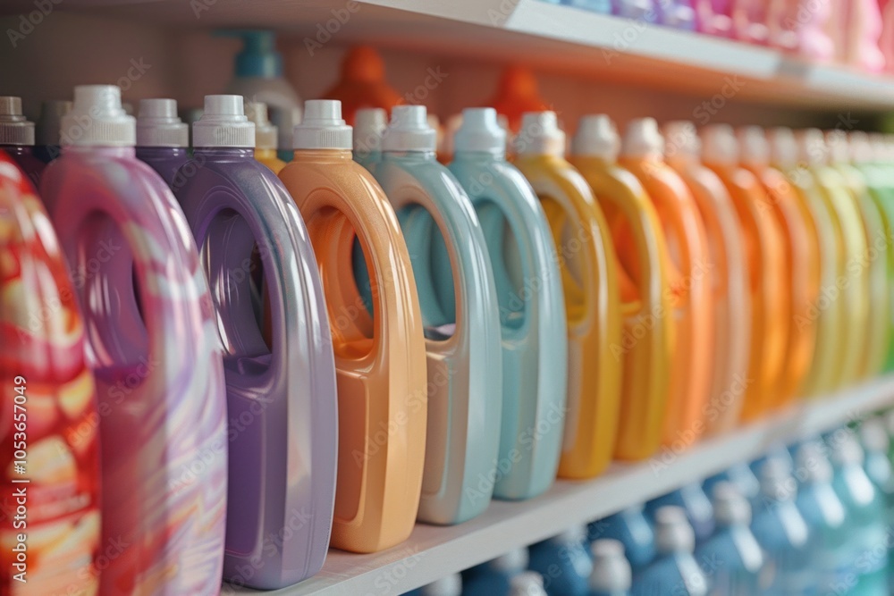 bottles of washing powder arranged on a shelf in a laundry room ...