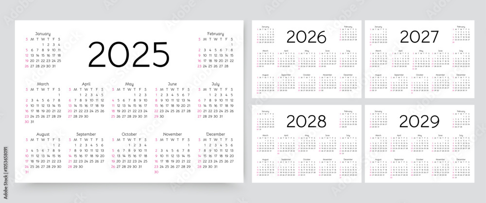 2025, 2026, 2027, 2028, 2029 calendars. Calender templates. Week starts ...