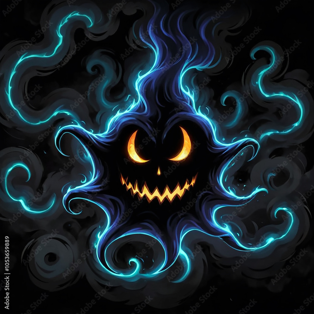 A dark blue, shadowy monster with glowing blue smoke and a sinister ...