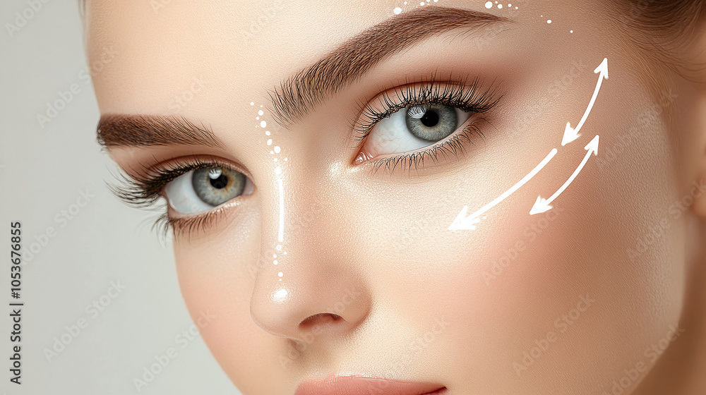 Blepharoplasty concept. Closeup view of lady eye with arrows point in ...
