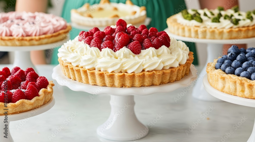 A festive pie-baking contest setup with multiple pies on display, each ...