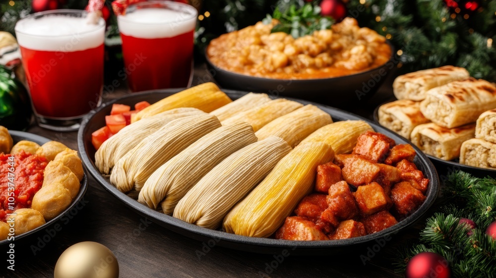 Table filled with tamales, pozole, and festive drinks, representing the ...