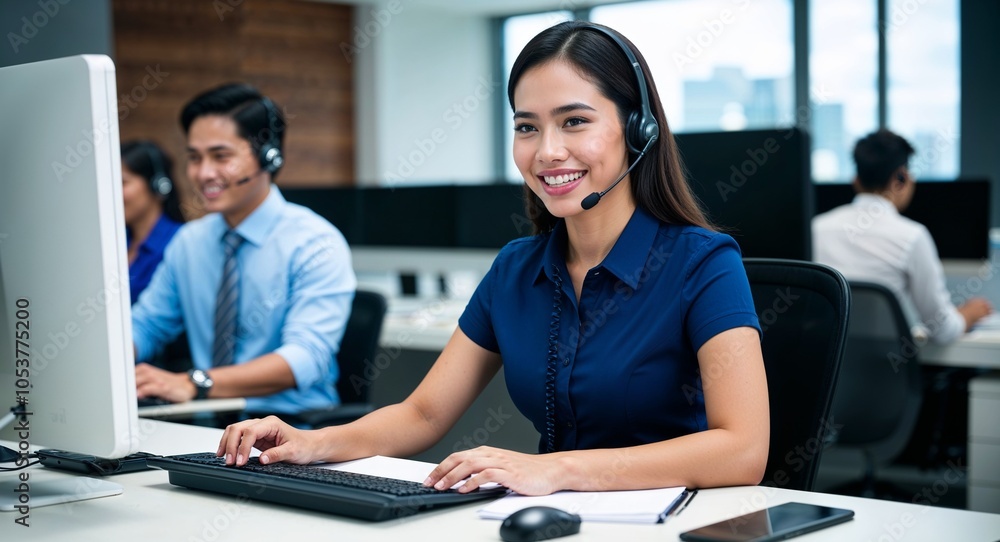 Filipino call center agent typing notes friendly smile headset on ...