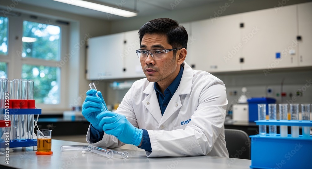 Filipino scientist preparing experiment thoughtful expression lab coat and gloves research lab ...