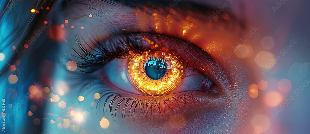 Close-up of of eyes, reflecting neon signs and city lights, hinting at ...