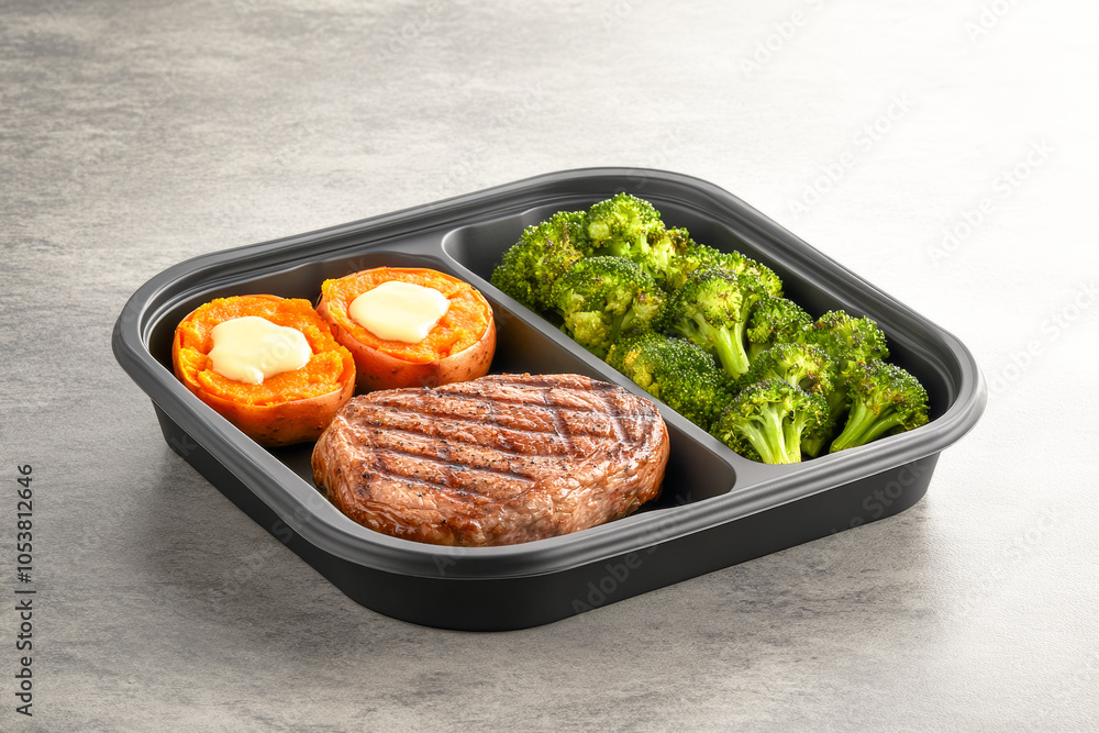 Comida para llevar con filete de carne a la parrilla, pimientos ...