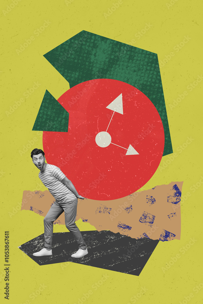Vertical creative art collage of shocked man carry big watch dial time ...