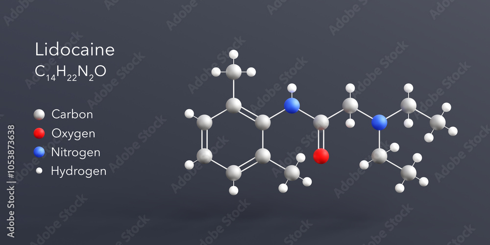 lidocaine molecule 3d rendering, flat molecular structure with chemical ...
