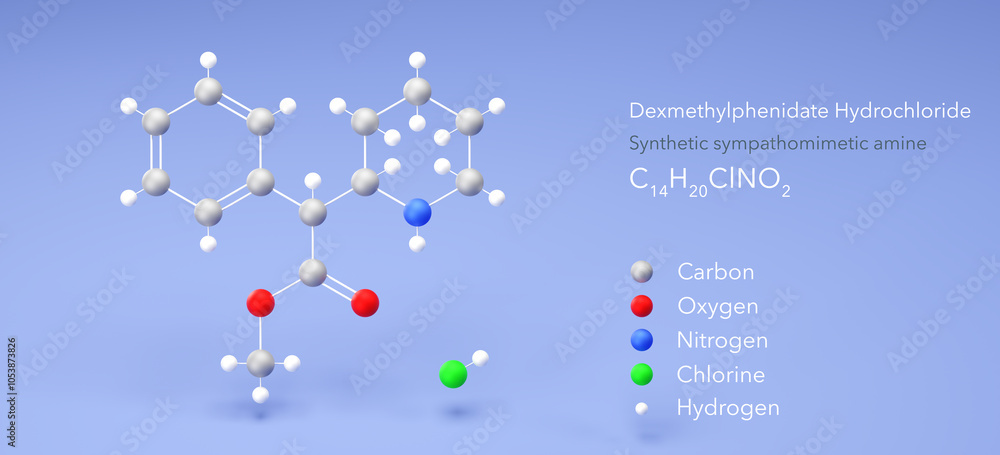 Dexmethylphenidate Hydrochloride Molecule Molecular Structure Synthetic Sympathomimetic Amine