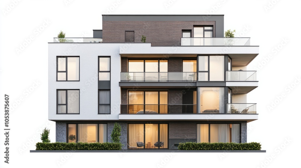 chic townhouse with a modern facade and outdoor terrace, isolated on a ...