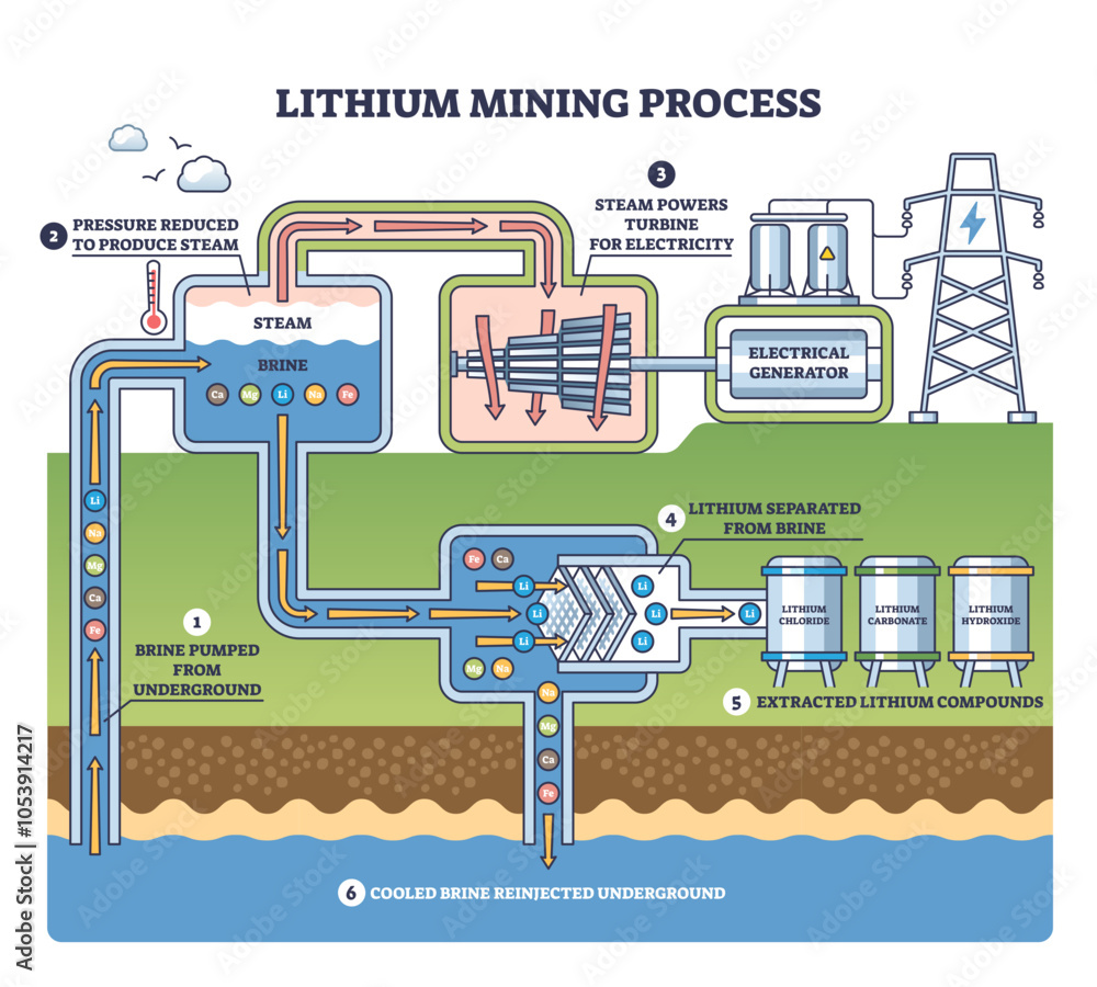 Lithium mining process diagram shows extraction and conversion, transparent background.Key ...