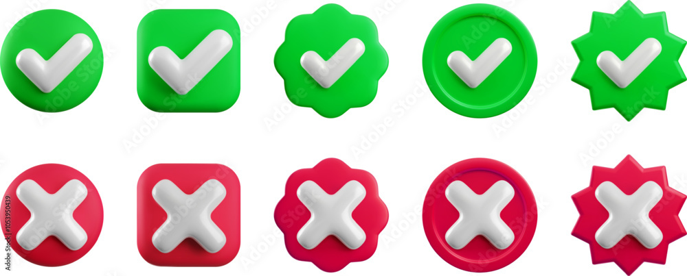 Vector 3d checkmarks icon set. Round, square, wavy, starburst yes tick and no cross buttons on ...