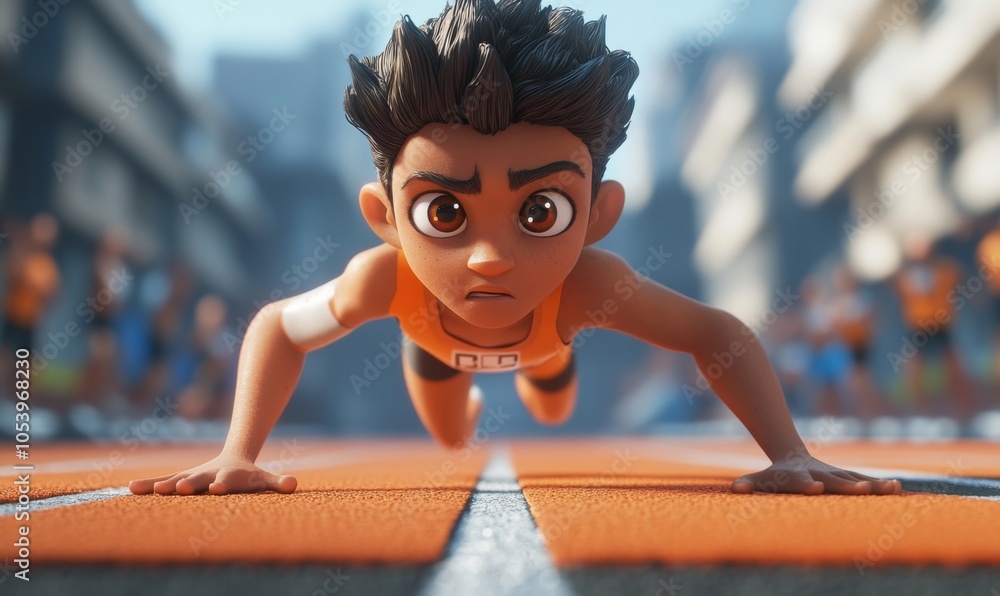 Cartoon sprinter at the starting line, poised with muscles tensed and a ...