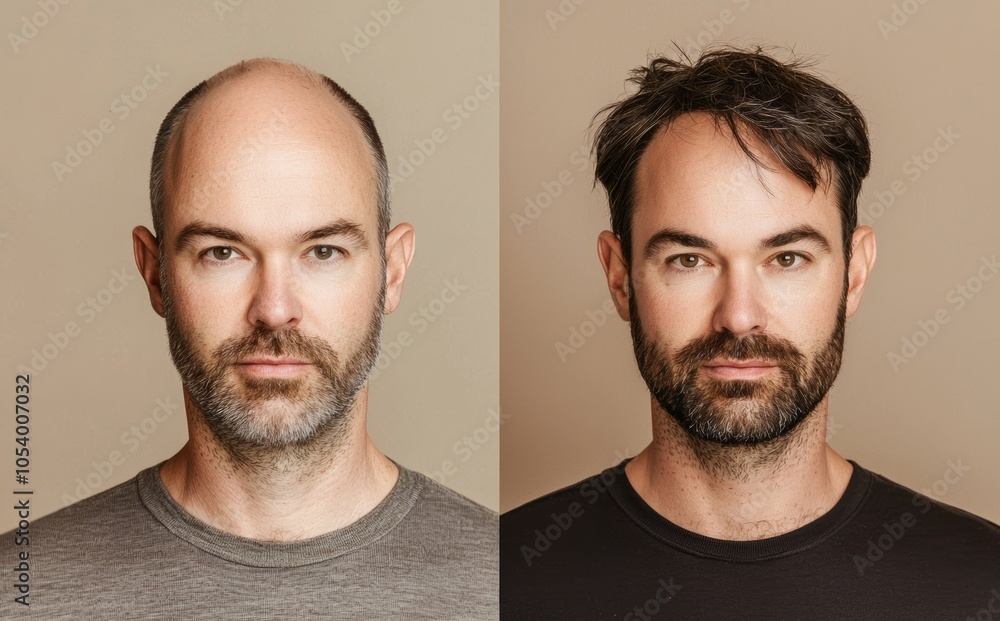 Identical middle-aged bald men before and after wearing wigs Stock ...