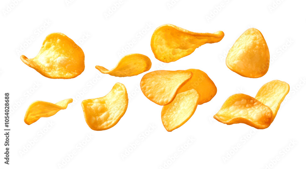 Scattering of crispy, golden potato chips isolate on transparent ...
