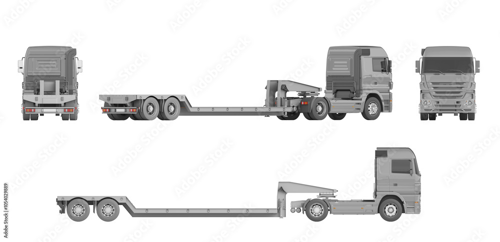 Truck lowboy trailer. Gray design. Front, Back, Isometric view ...
