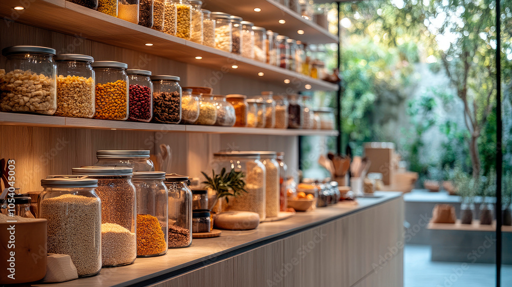 A modern kitchen store display in neutral palette featuring glass jars ...