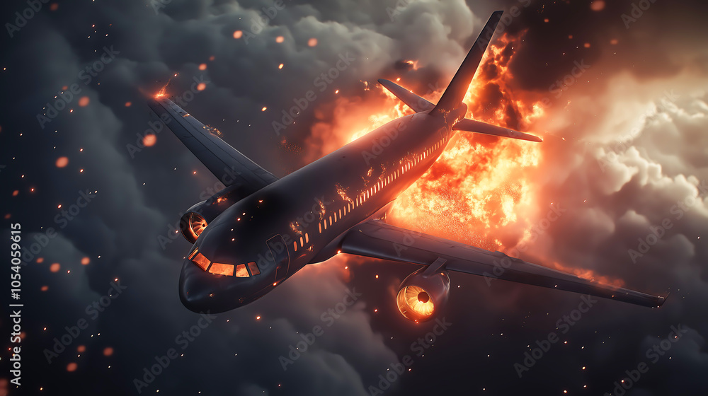 Flying aircraft with exploding engine just before air crash, A airplane ...