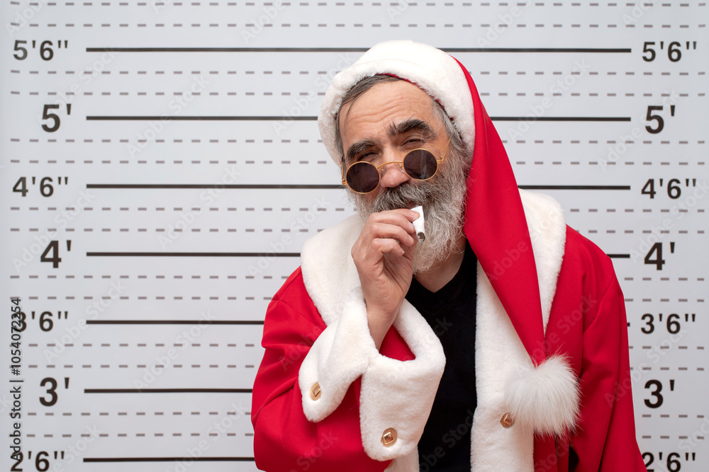 Bad Santa Claus smoking a hand-rolled cigarette, Police Mugshot Board ...