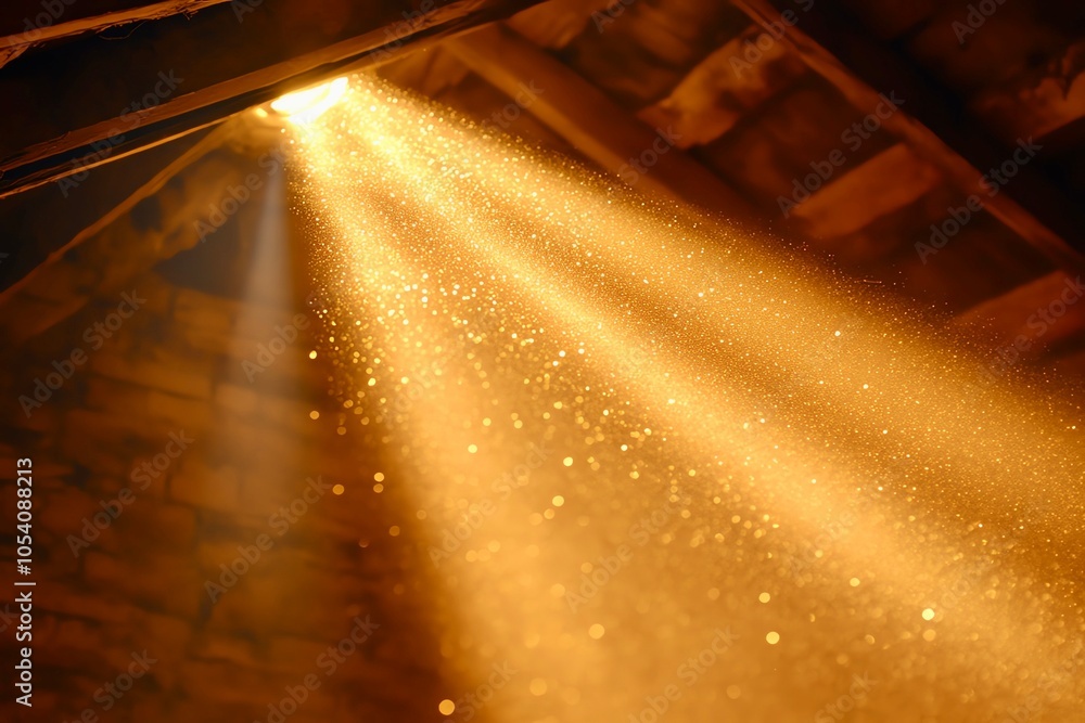 A beam of light shines through a hole in a dusty attic, illuminating ...