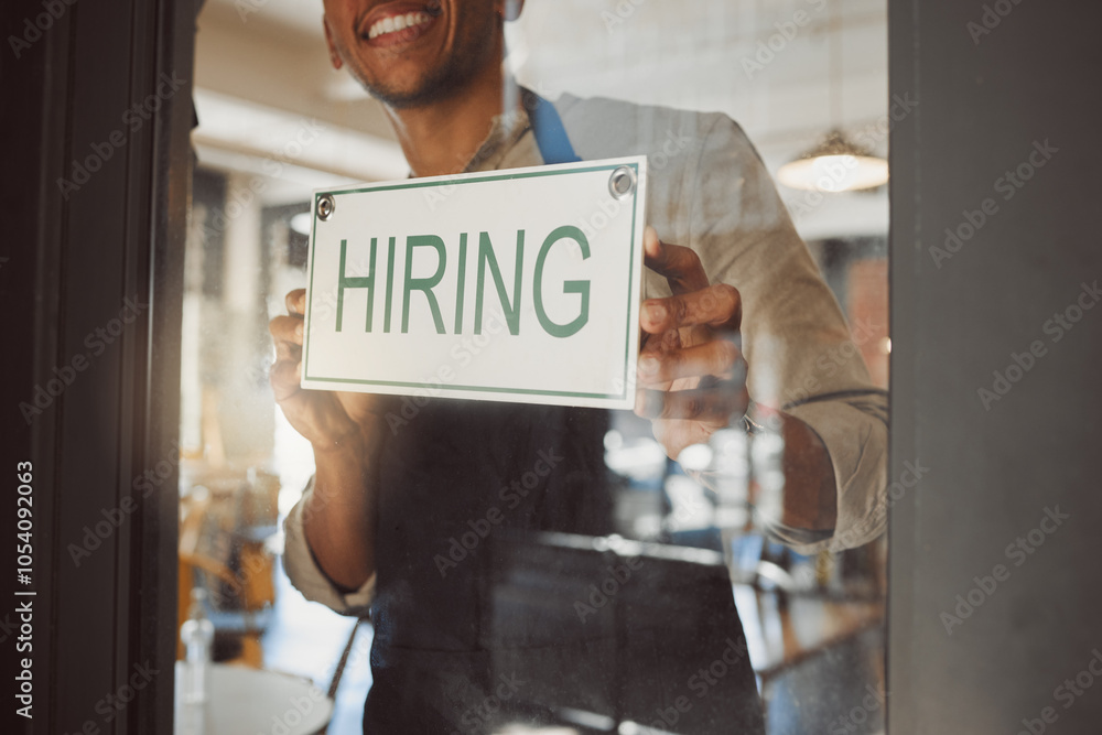Stock-Foto „Man, window and business owner with hiring sign for cafe ...