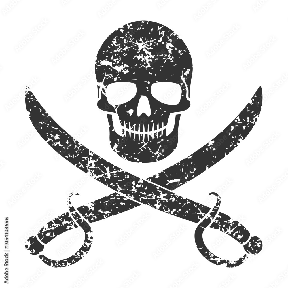 Skull and saber swords crossed. Grunge texture. Pirate symbol sign ...