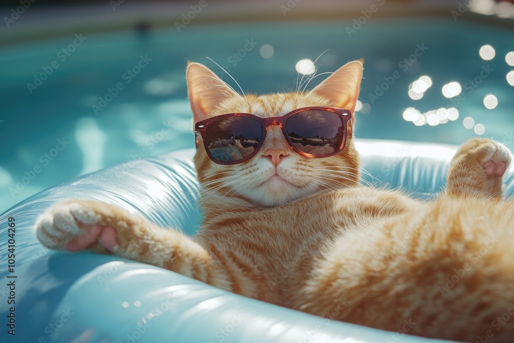 Cat wearing sunglasses is laying in a pool. The cat is relaxed and ...