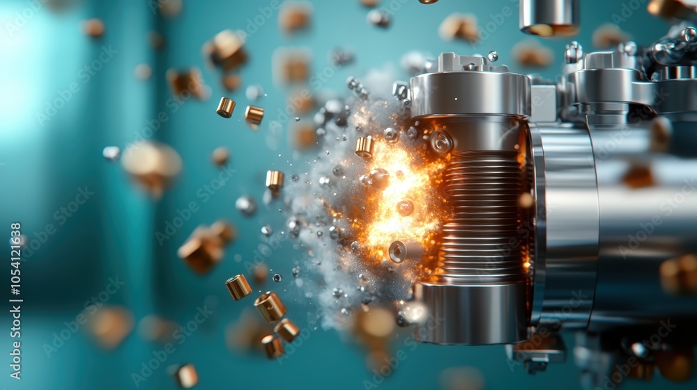 A complex metal assembly is depicted mid-explosion, unleashing a burst ...