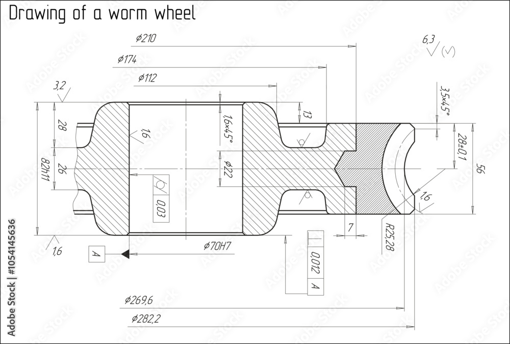 Assembly drawing of worm wheel of electrical reducer. Vector design of ...