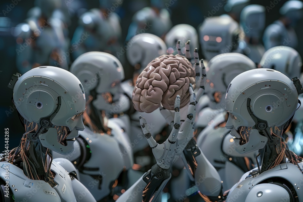 Foto Robots reaching up to a human brain, portraying the collaboration ...