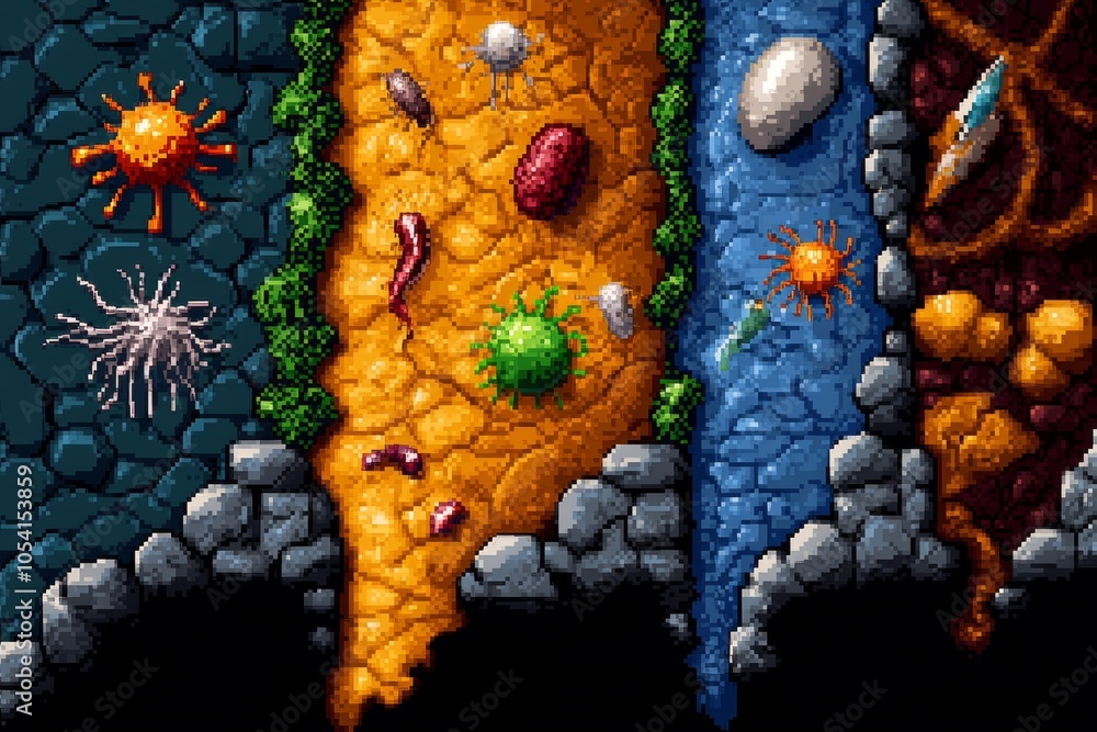 Pixel art of a stem cell transforming into different cell types, with ...