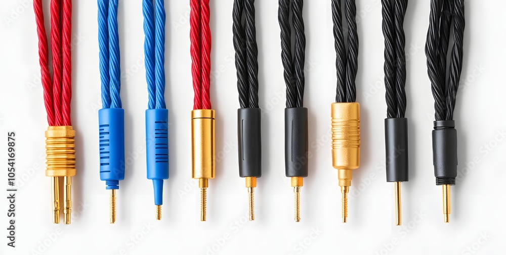 Product photography of different colored and sized audio cables with ...