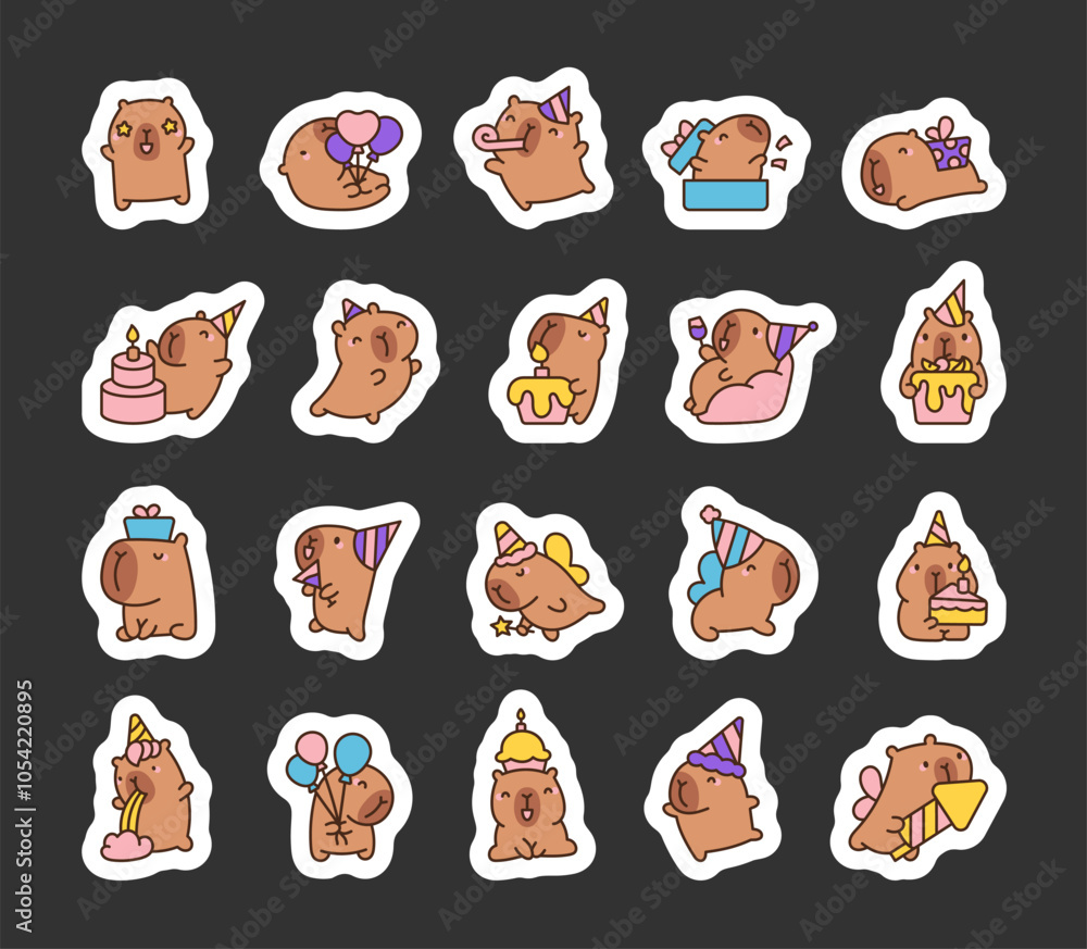 Cheerful capybara at a birthday party. Sticker Bookmark. Cartoon ...