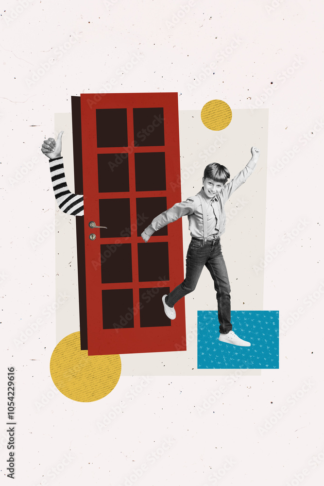 Vertical photo collage of happy schoolboy run exit school education ...