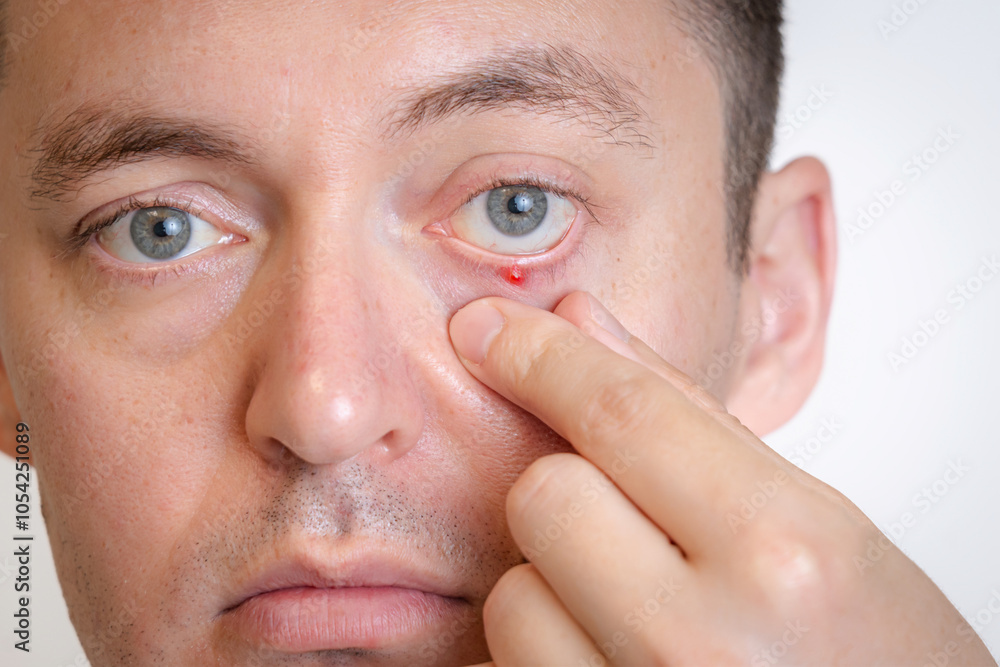 Man's eyes with pus redness like chalazion caused by blocked sebaceous ...