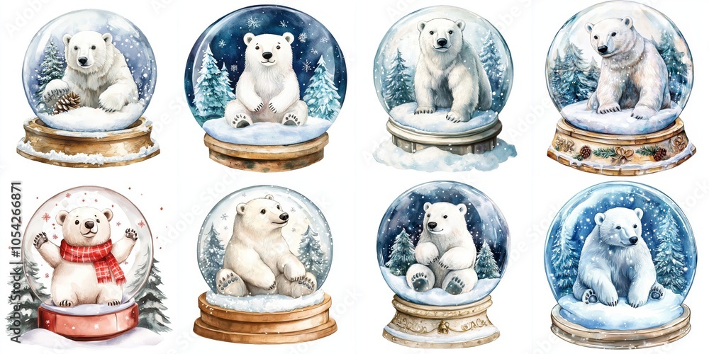 Eight watercolor illustrations of polar bears in snow globes, capturing ...