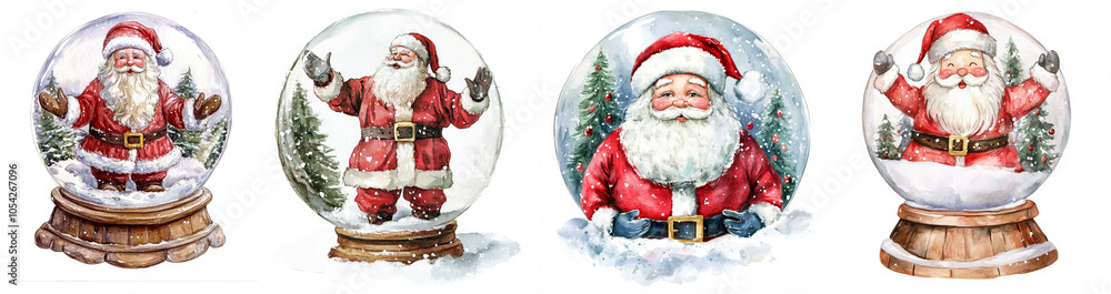 A collection of four watercolor illustrations of Santa Claus snow ...