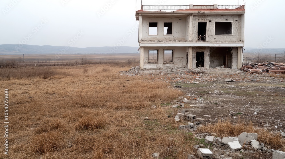 Devastation of a multi-story Soviet-era building near oil pipes ...