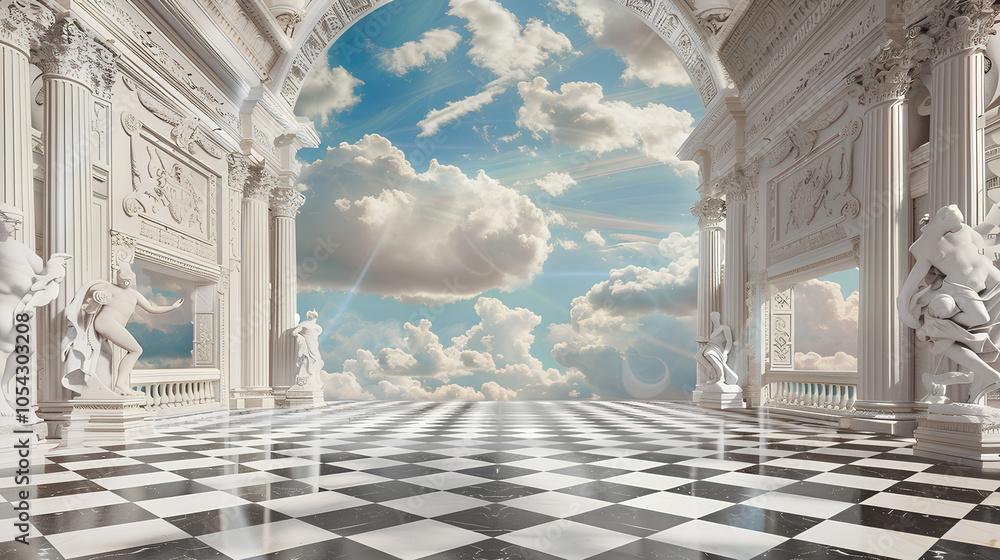 empty photo backdrop with one side full of classic art statues and ...