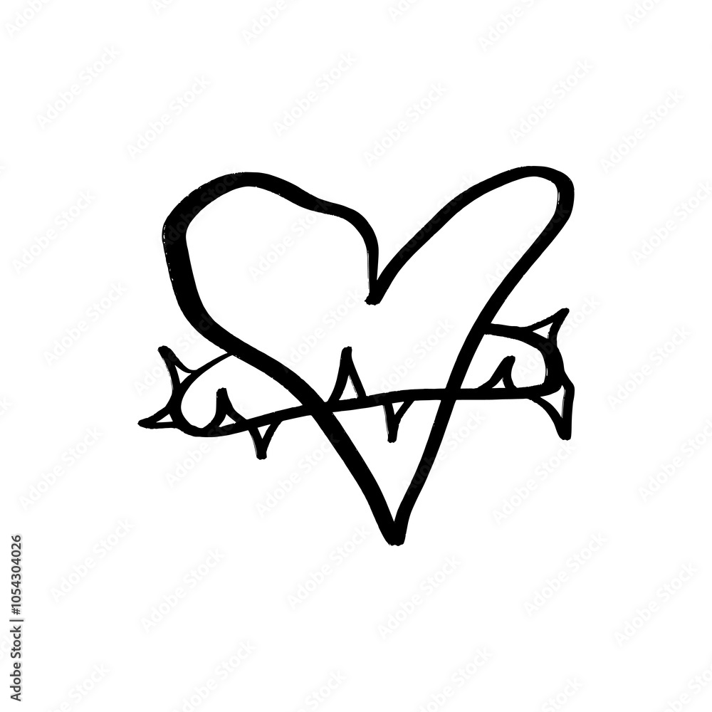 Spiky prickly hand-drawn black isolated heart in yk2 drain spooky style ...