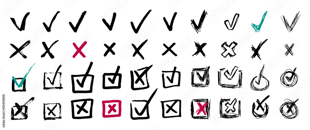 Cartoon Color Different Doodle Hand Drawn Check Mark Set. Vector ...