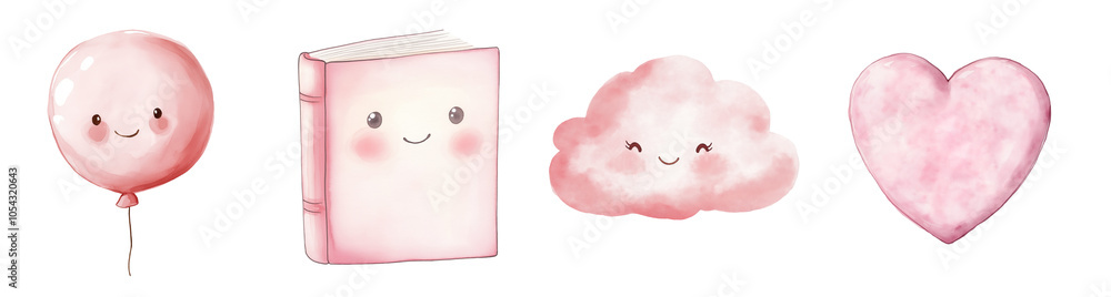 Watercolor illustration set with cute pink cartoon characters on ...