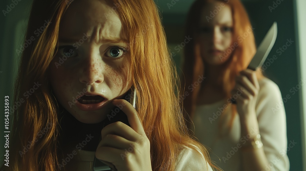 10-year-old girl with long red hair, calling phone, scared and crying ...