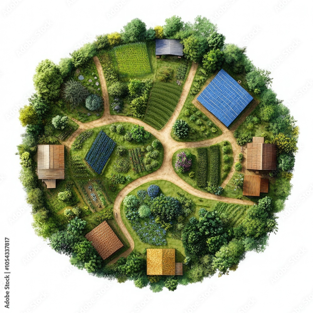 Aerial view of a circular farm layout with various crops, fields, and ...