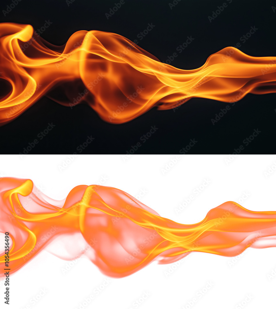 Horizontal flame streak flowing on transparent background with black ...