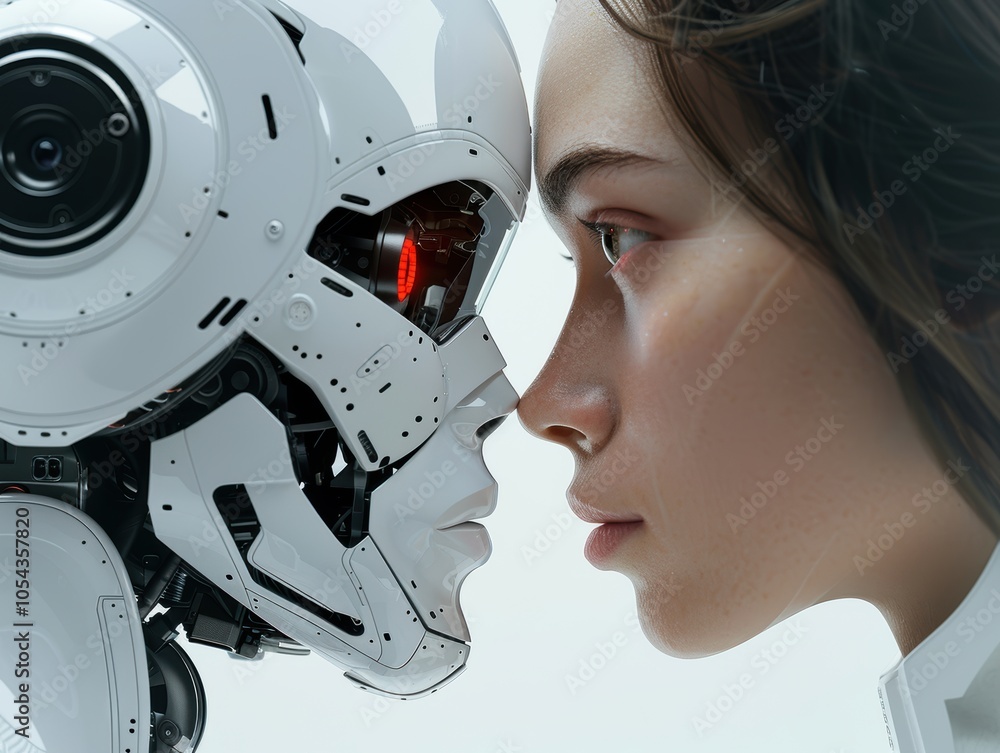 Human Woman Facing Humanoid Robot in a Moment of Reflection Symbolizing ...