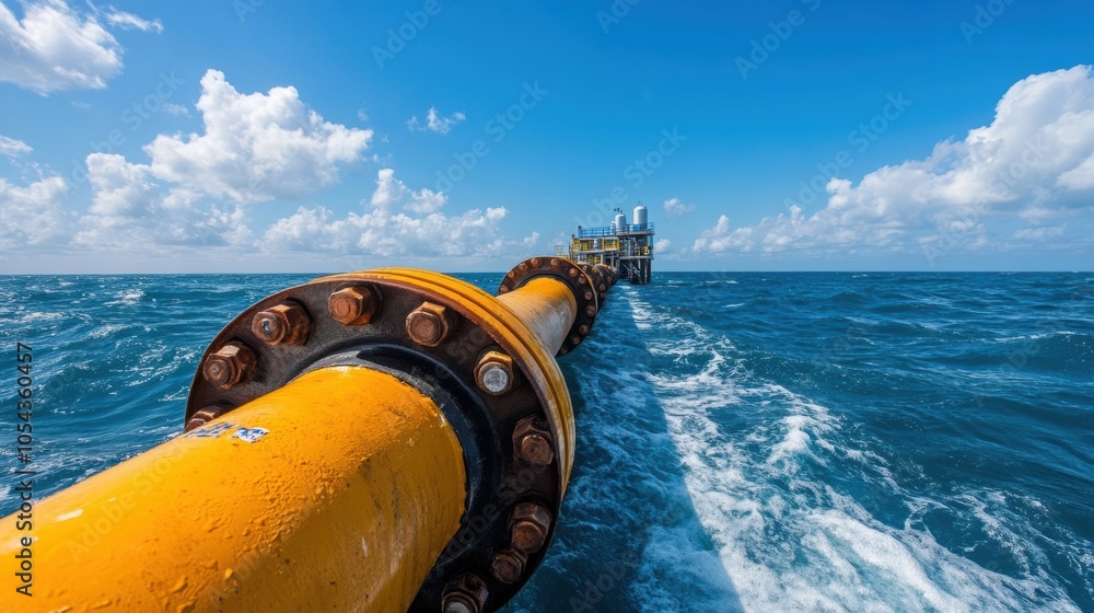 A long, yellow pipeline stretches across the turquoise water, leading ...