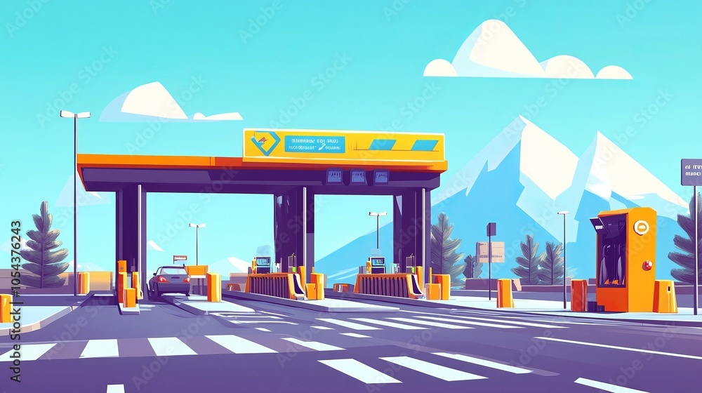 Roadside highway toll plaza for crossing, depicted with a functional ...