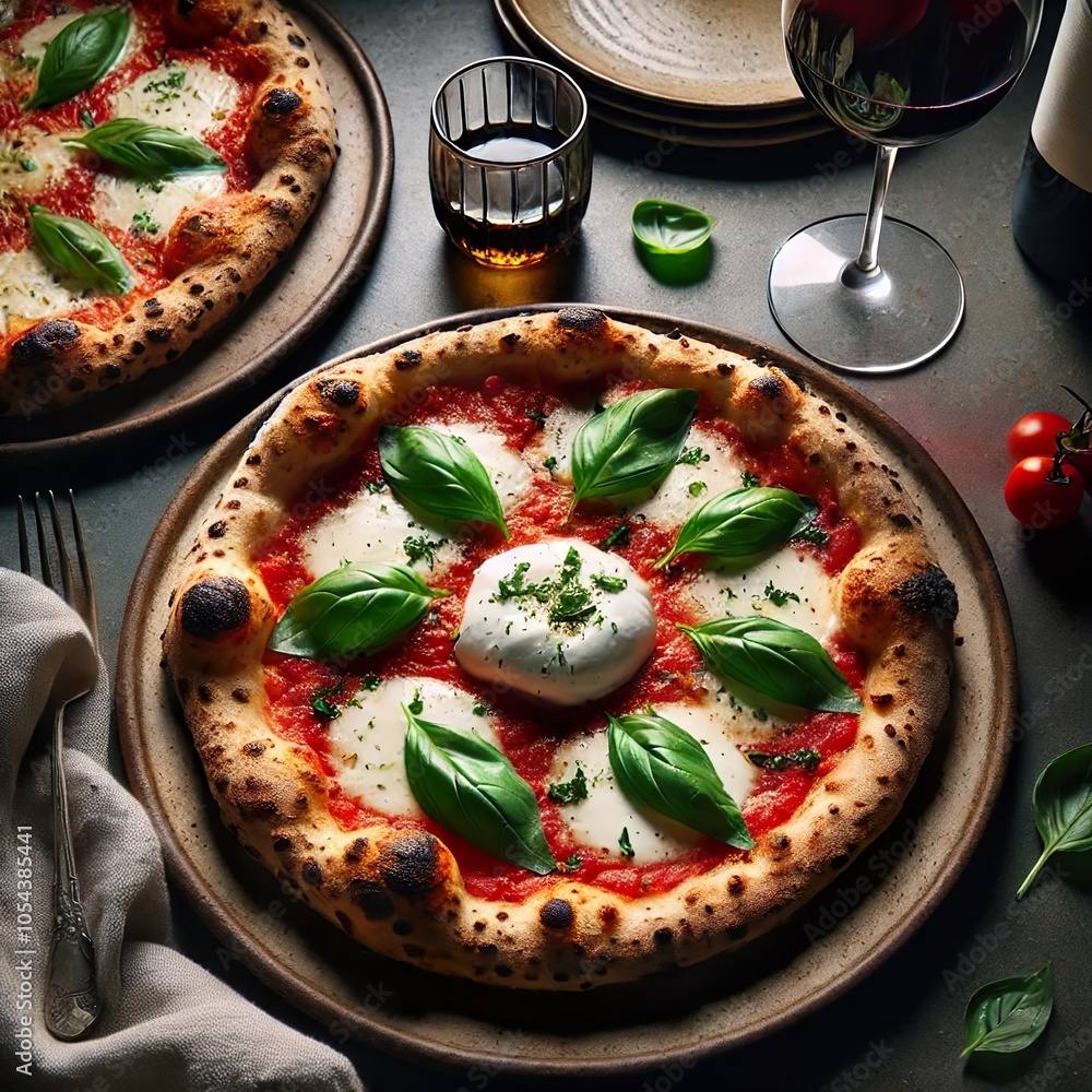 Italian-style pizzas on a rustic dark tabletop. The pizzas have a ...