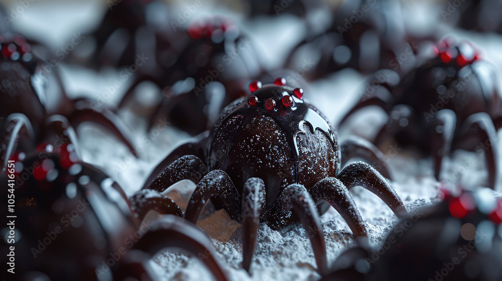 A close-up of chocolate spiders made from truffles, with black licorice ...